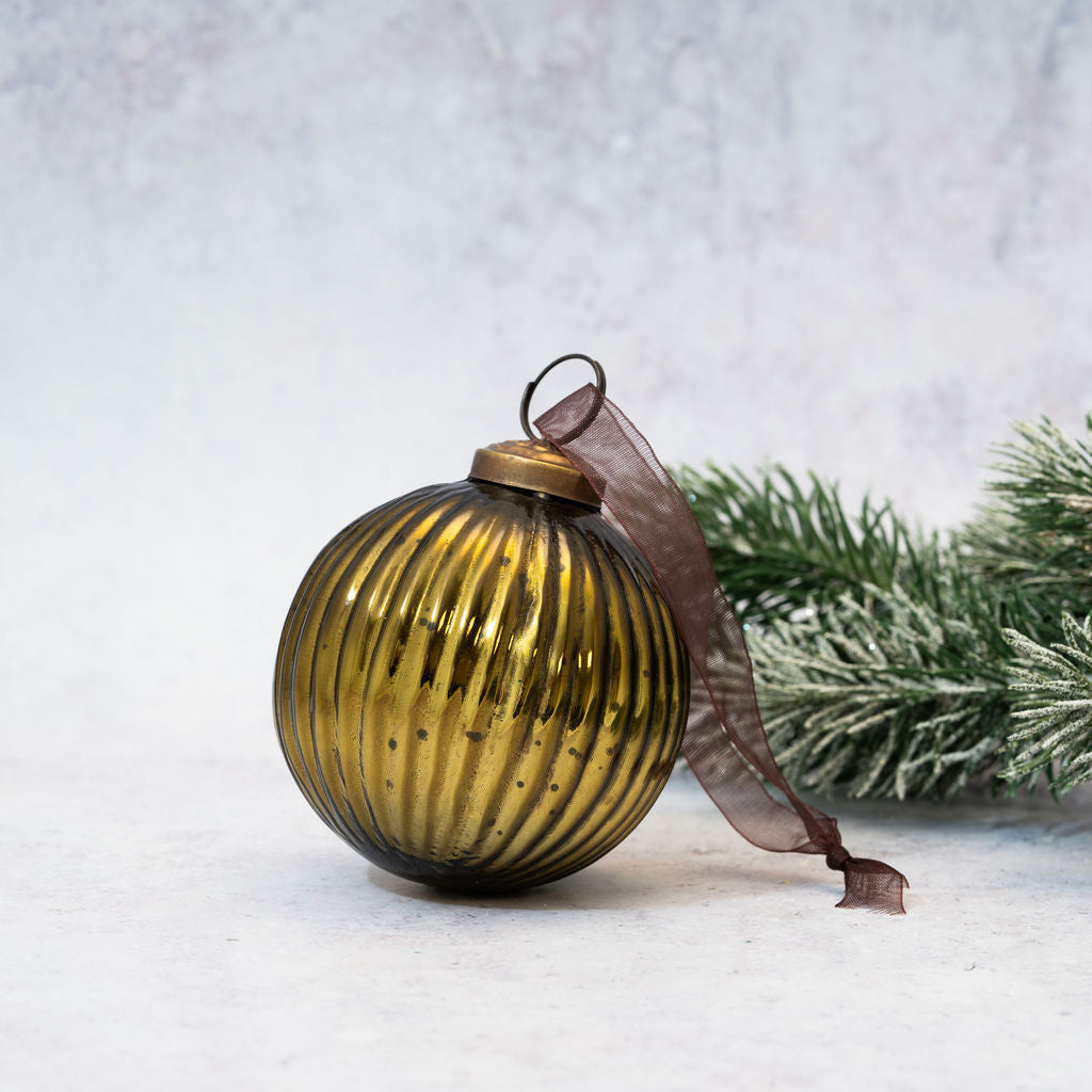 3" Olive Glass Ribbed Ball Decoration – Arthur Cameron Trade