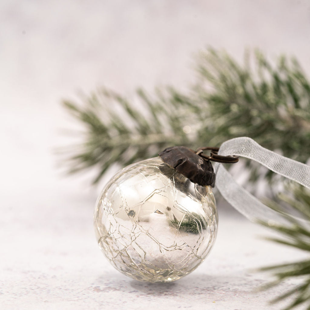 Set of 6 Small Silver 1" Crackle Glass Balls Christmas Decorations ...